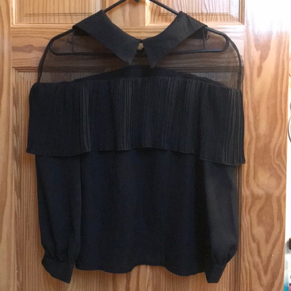 Tops | Nwot Fancy Sheer Shoulders Black Ruffled Shirt Can Button Collar ...